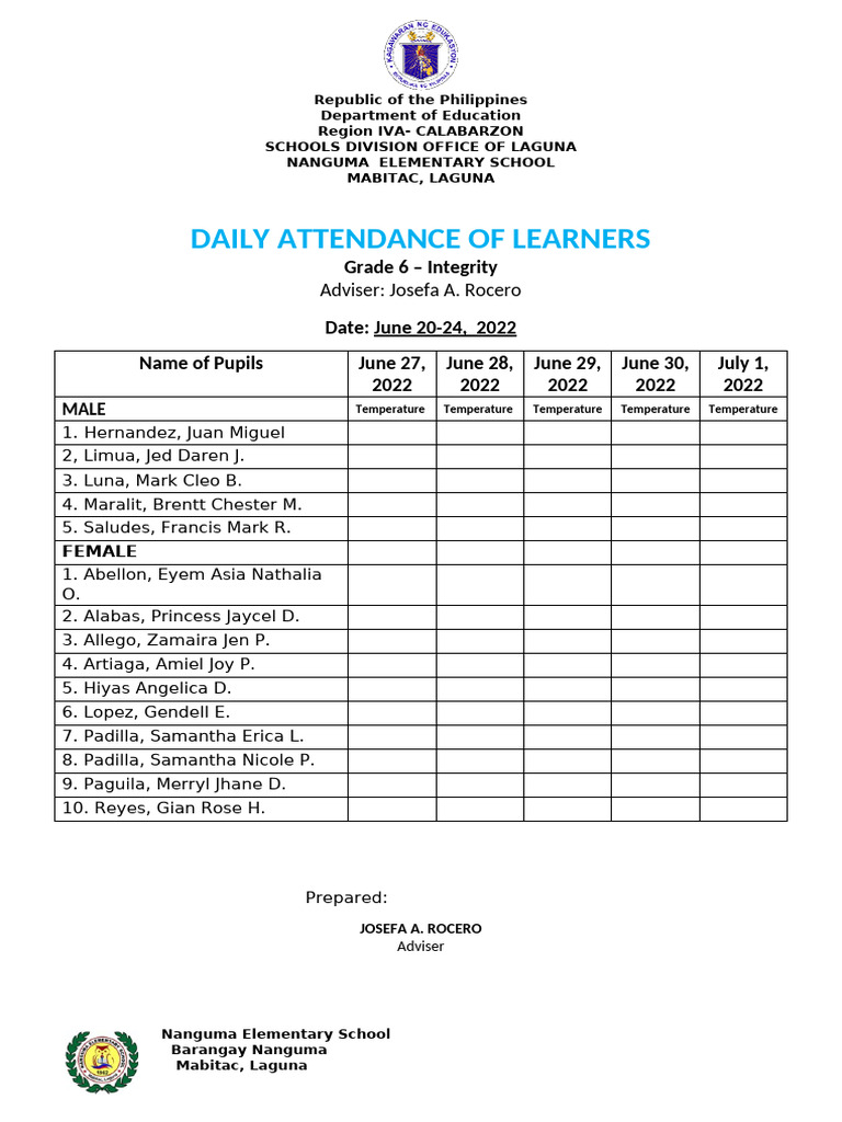 New DAILY ATTENDANCE OF GRADE 6 - SY 2021-2022 | PDF