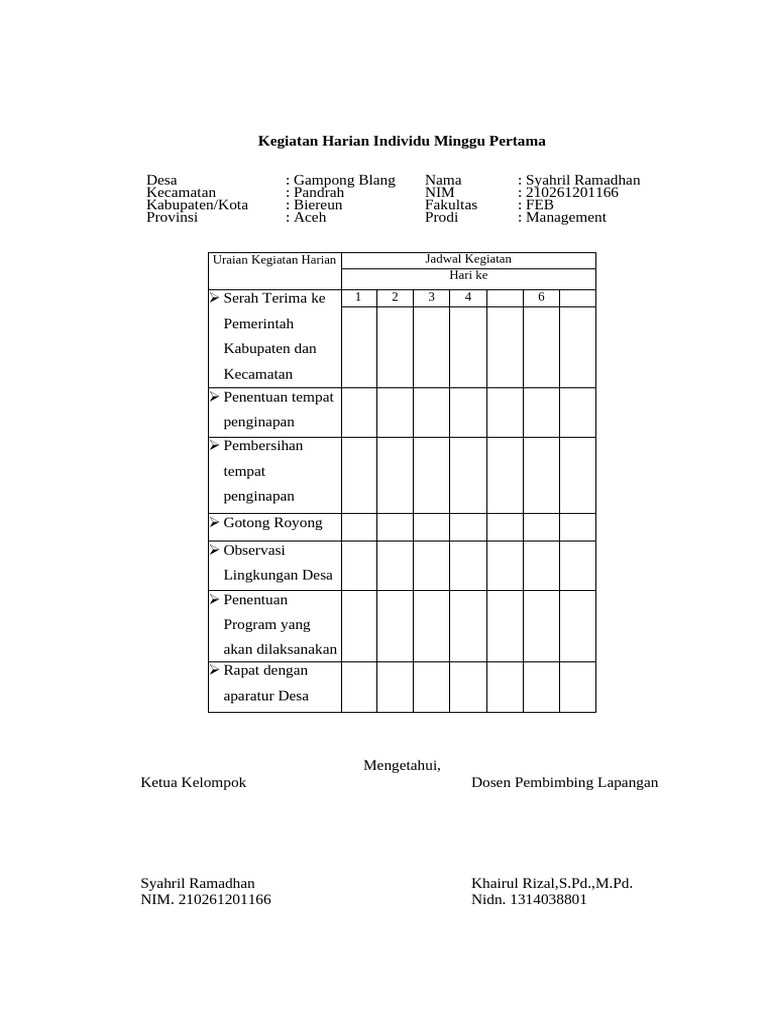 KEGIATAN HARIAN KKM DESA GAMPONG BLANG | PDF