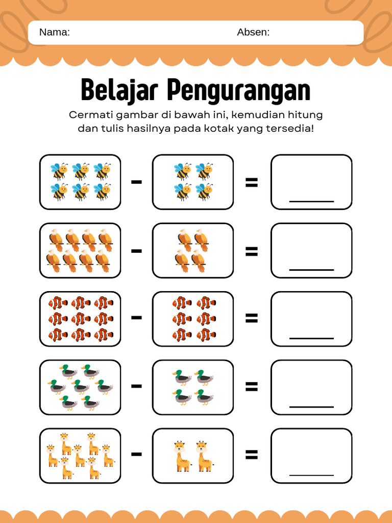 Lembar Kerja Belajar Pengurangan Matematika Oranye Ilustrasi Lucu | PDF