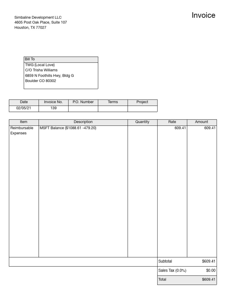 Simbaline Development LLC - Invoice 139 W - Expense | PDF