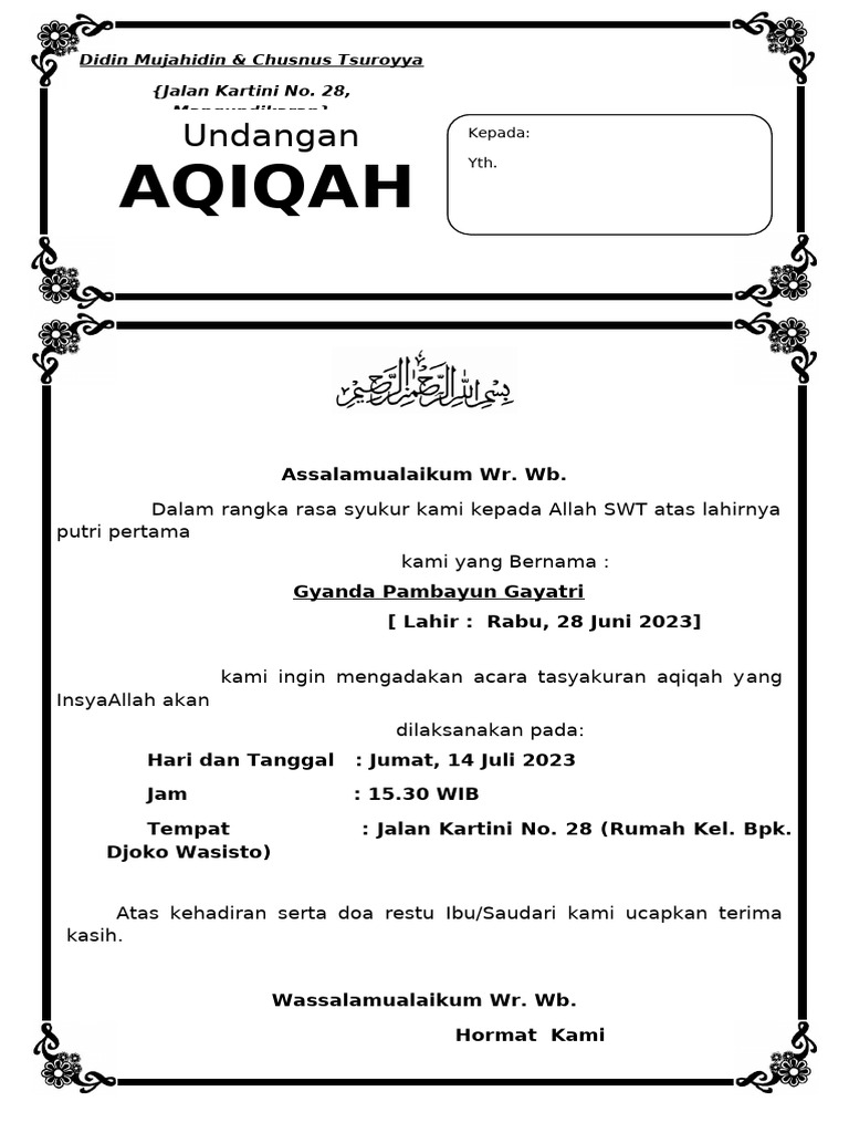 Undangan Aqiqah Gyanda Pambayun Gayatri | PDF