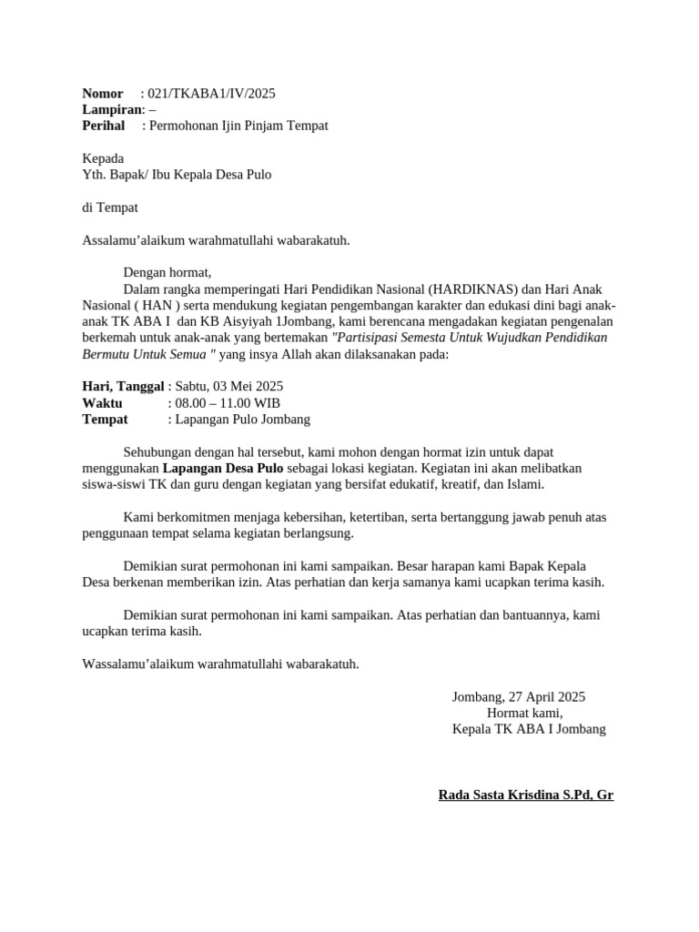 Surat Ijin Pinjam Tempat | PDF