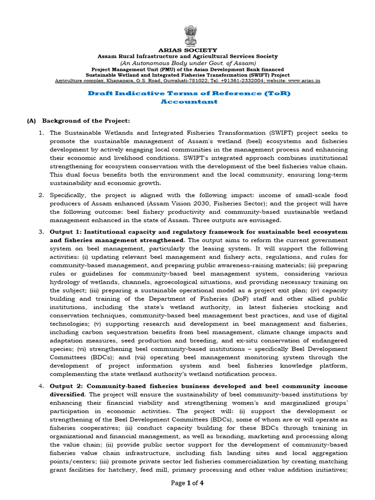 Accountant ToR for SWIFT Project in Assam | PDF | Sustainability | Wetland