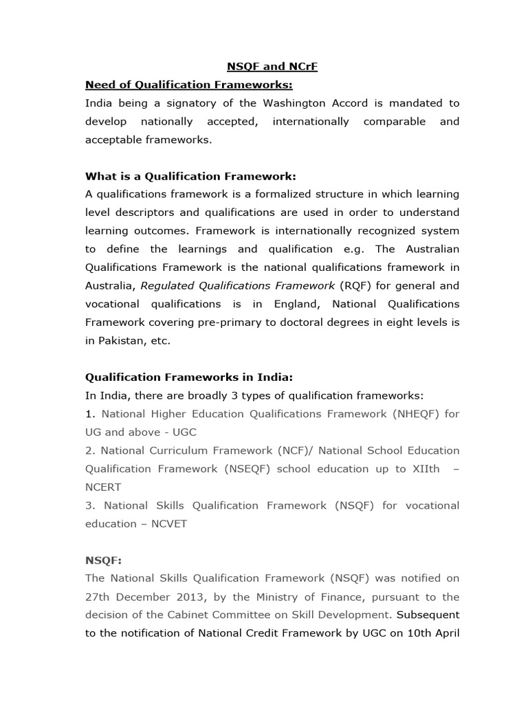 Understanding NCrF and NSQF Frameworks | PDF | Learning | Vocational ...