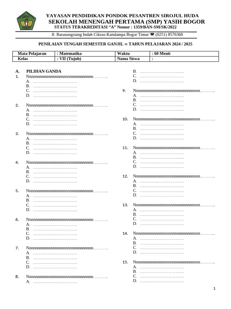 LAY OUT SOAL PTS GANJIL 2024_SMP REV | PDF