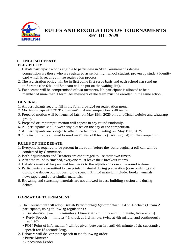 Rules and Regulation of Tournaments - Sma | PDF | Essays | Manuscript