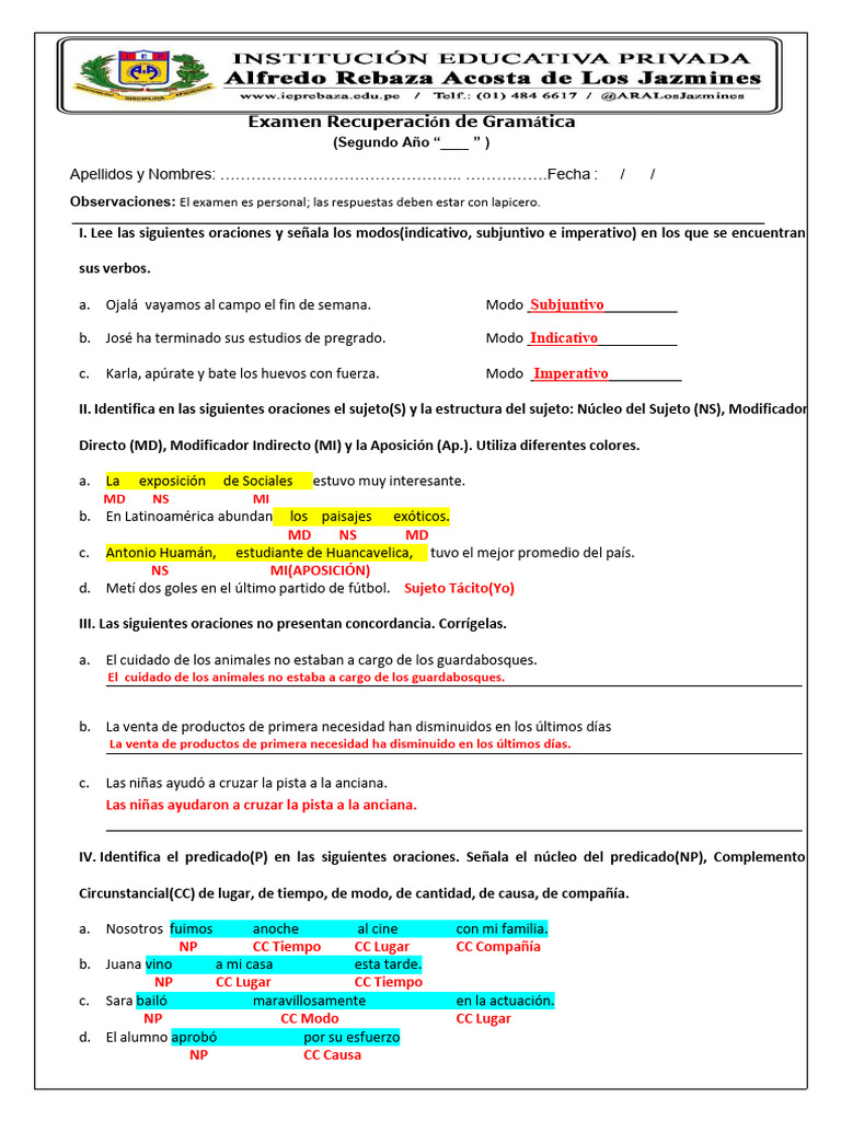 2° Gram. Solución Del Examen de Recuperación | PDF | Asunto (gramática) | Adverbio