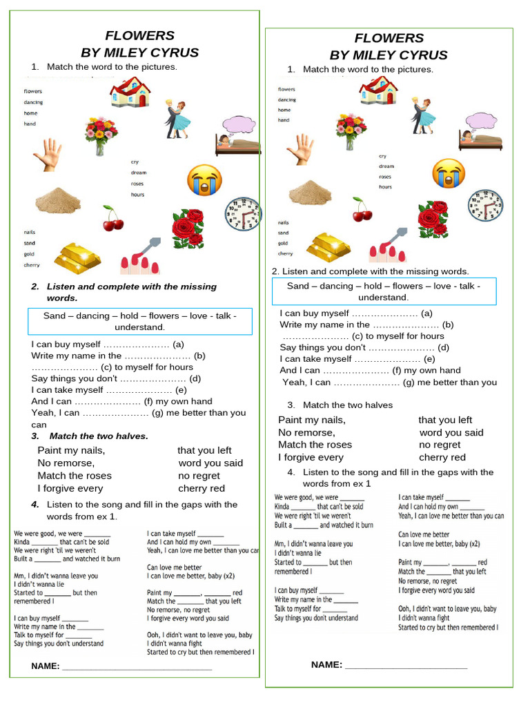 Listening Activity Flowers by Miley Cyrus - 149736 | PDF