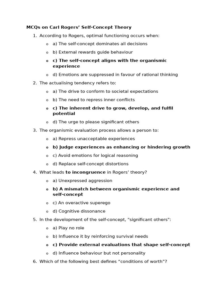 MCQs On Carl Rogers CH 12 | PDF | Psychotherapy | Self Concept