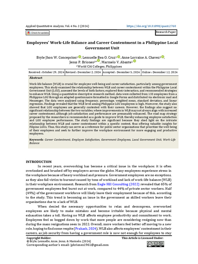 Work-Life Balance and Career Contentment in Philippine LGUs | PDF | Job ...