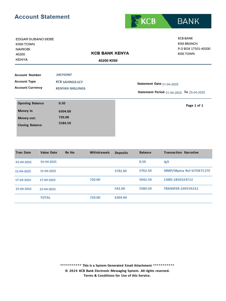 KCB Bank Account Statement Summary | PDF