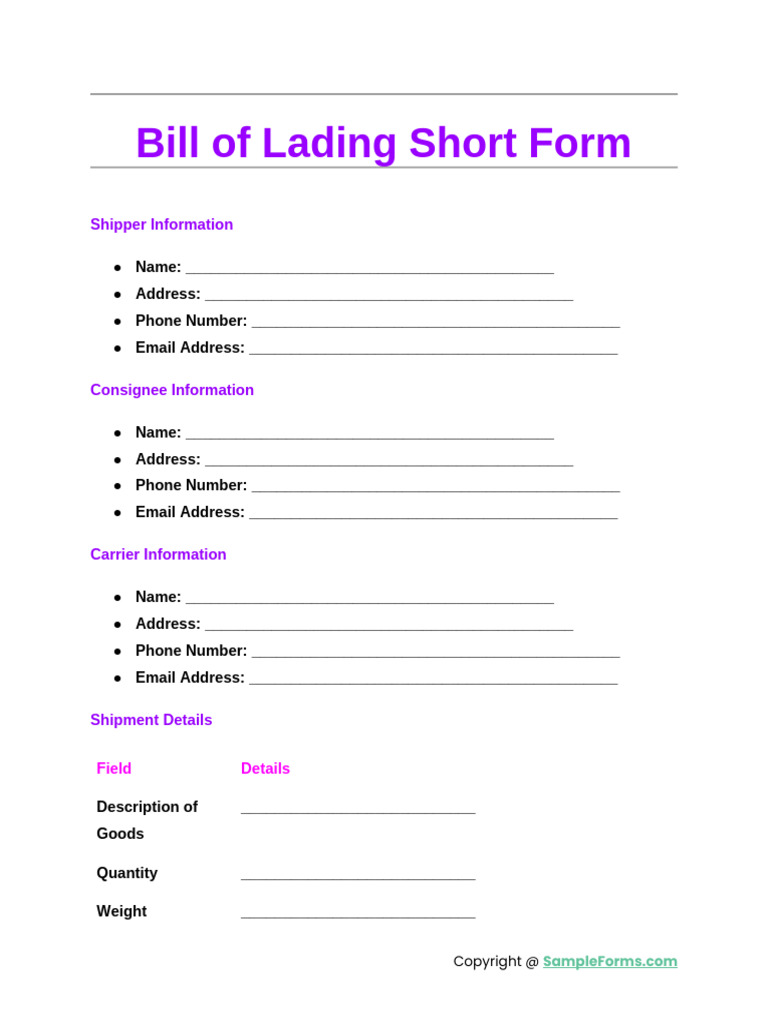 Bill of Lading Short Form | PDF