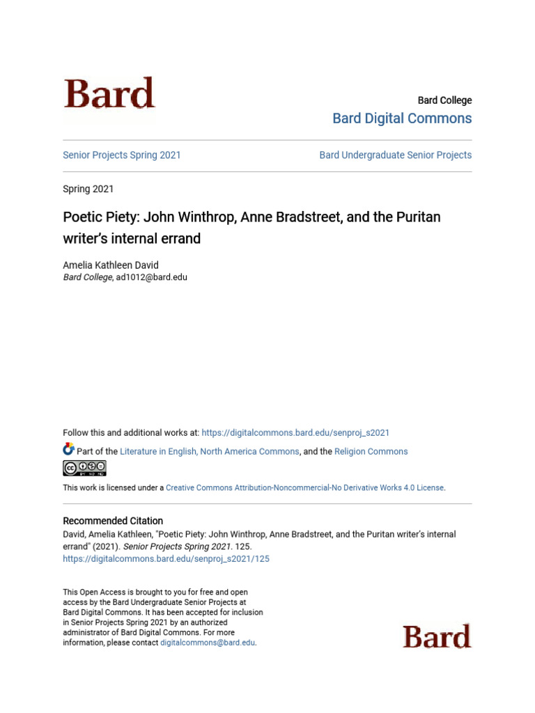 Poetic Piety_ John Winthrop Anne Bradstreet and the Puritan wri | PDF ...