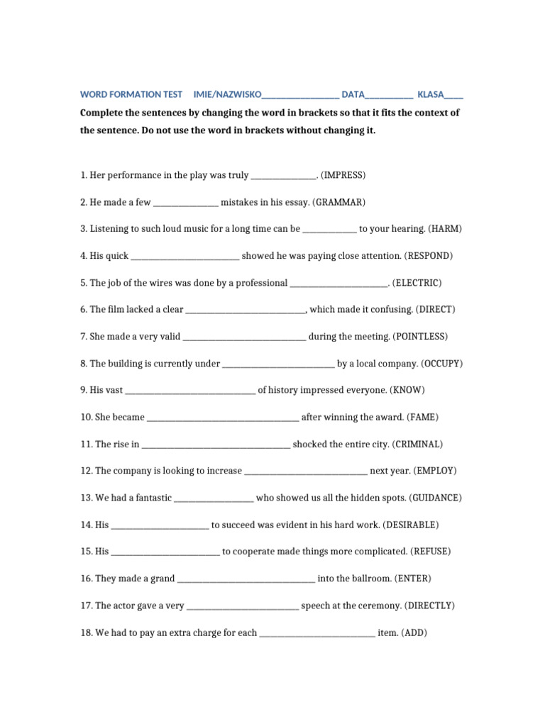 Word Formation Test for Students | PDF
