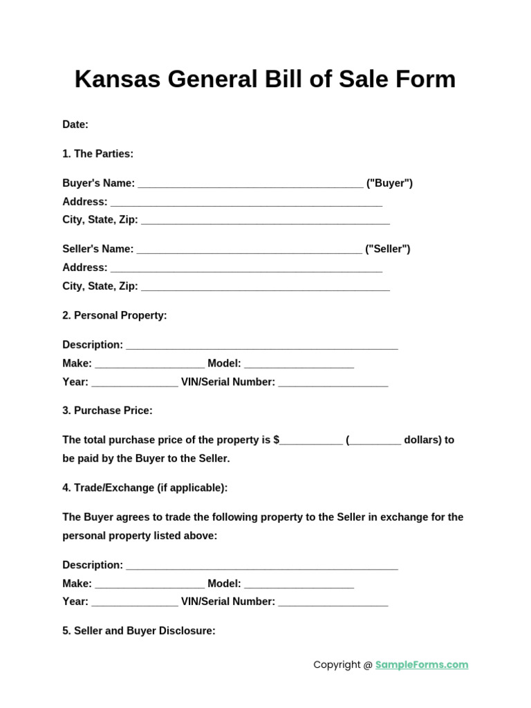 Kansas General Bill of Sale Form | PDF