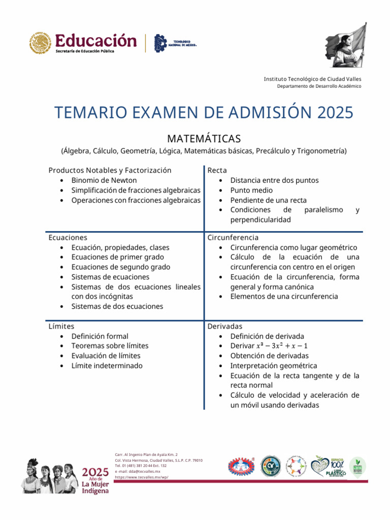 Temario Examen de Admisión 2025 | PDF | Ecuaciones | Derivado