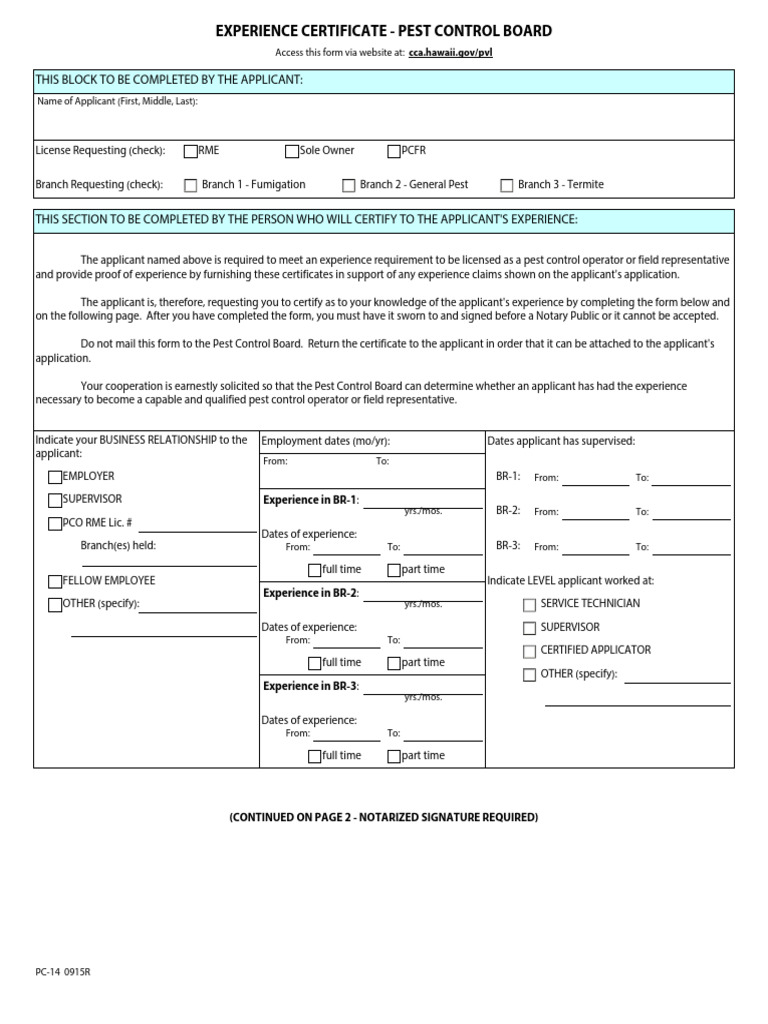 Pest Control Experience Certification Form | PDF