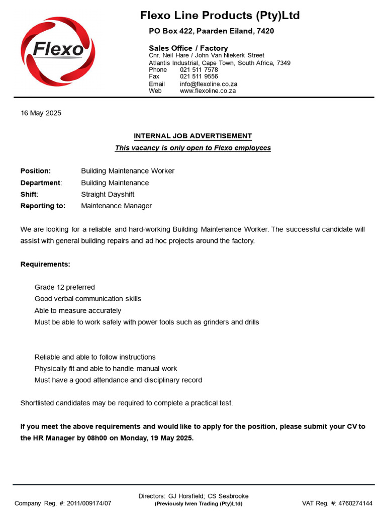 Internal Job Advertisement - Building Maintenance Worker | PDF