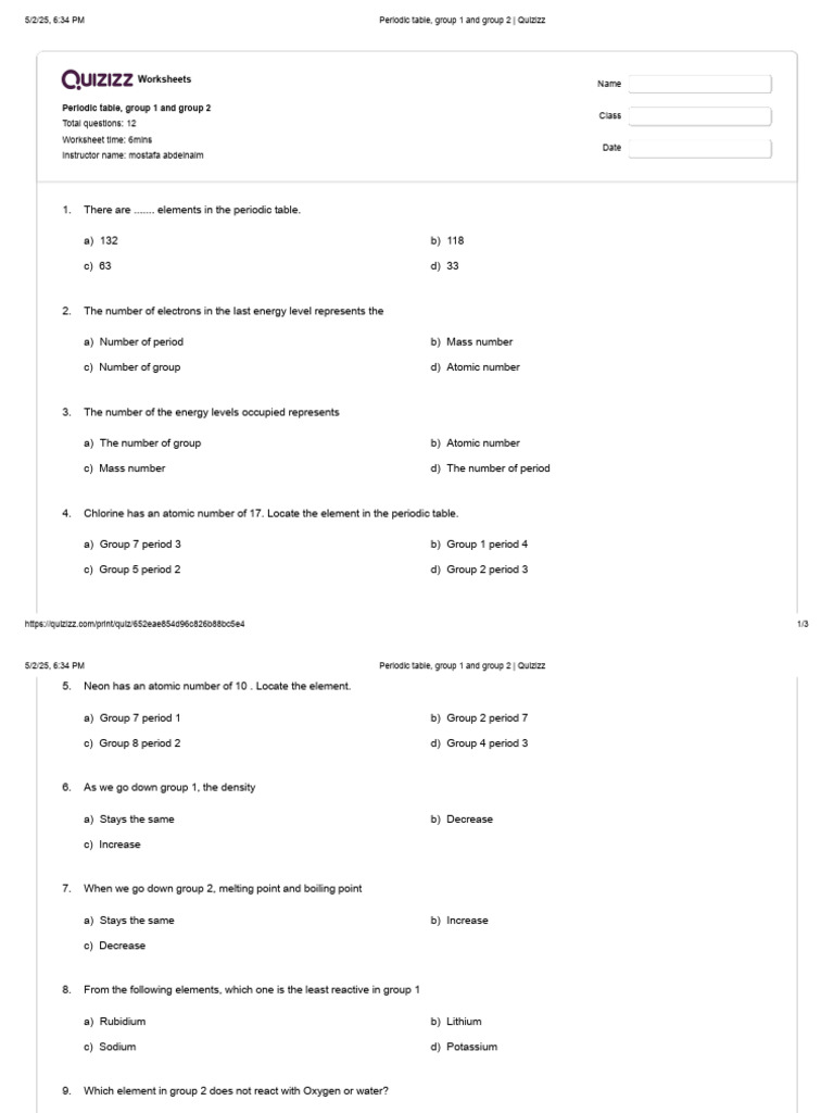 Periodic Table Group 1 & 2 Worksheets | PDF | Periodic Table | Chemical ...