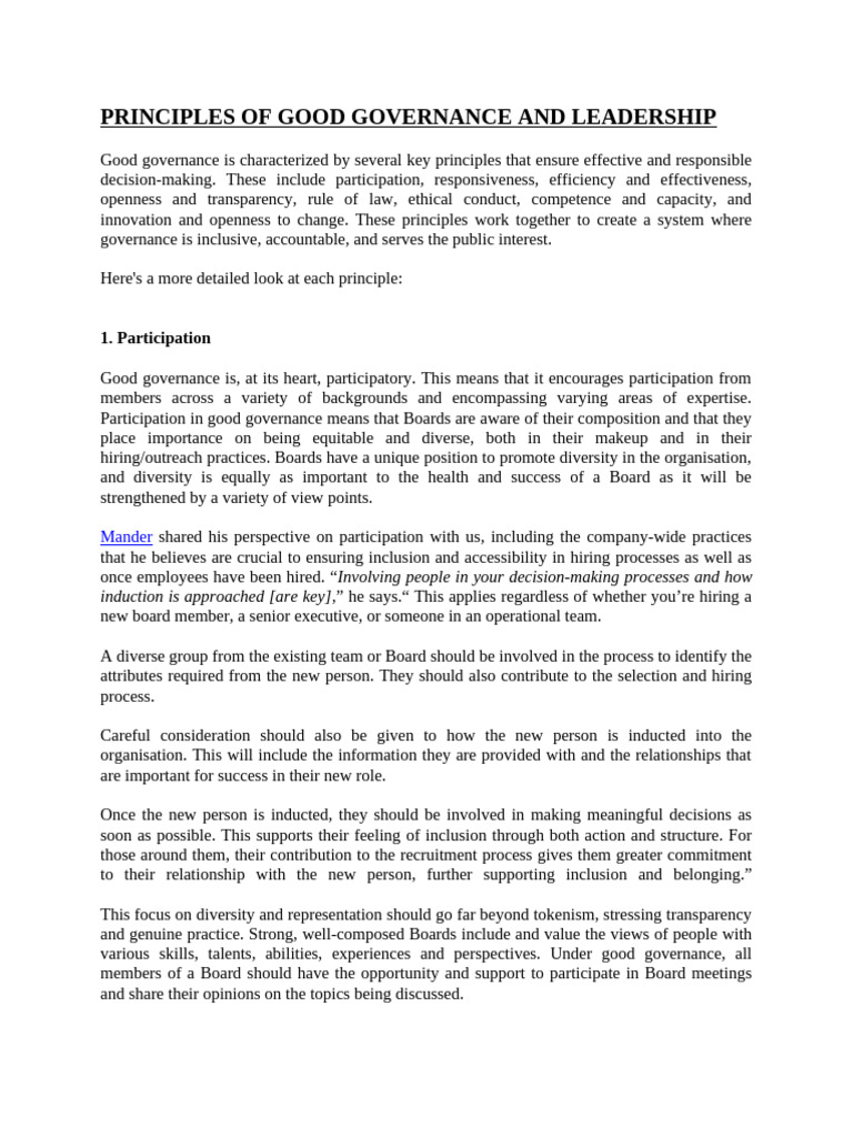 Principles of Good Governance and Leadership | PDF | Governance | Strategic Planning