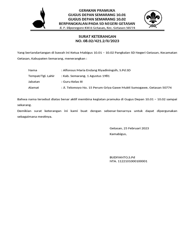 SURAT KETERANGAN Dari GUGUS DEPAN | PDF