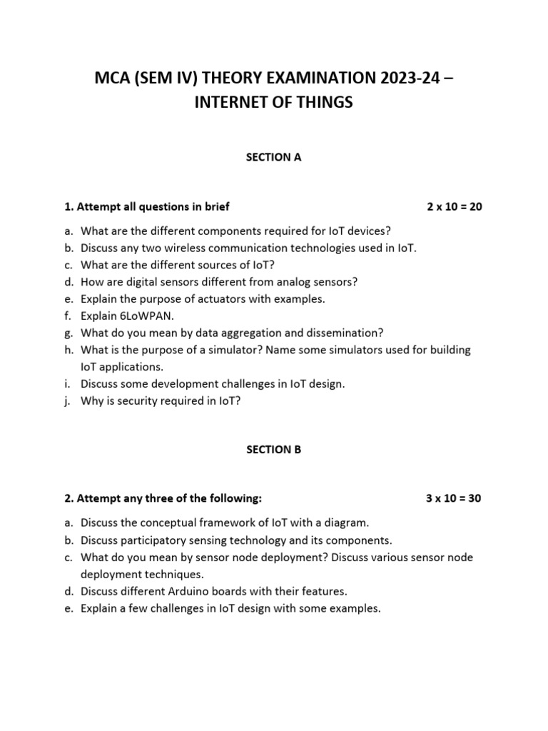 Mca (Sem Iv) Theory Examination 2023-24 - Internet of Things | PDF