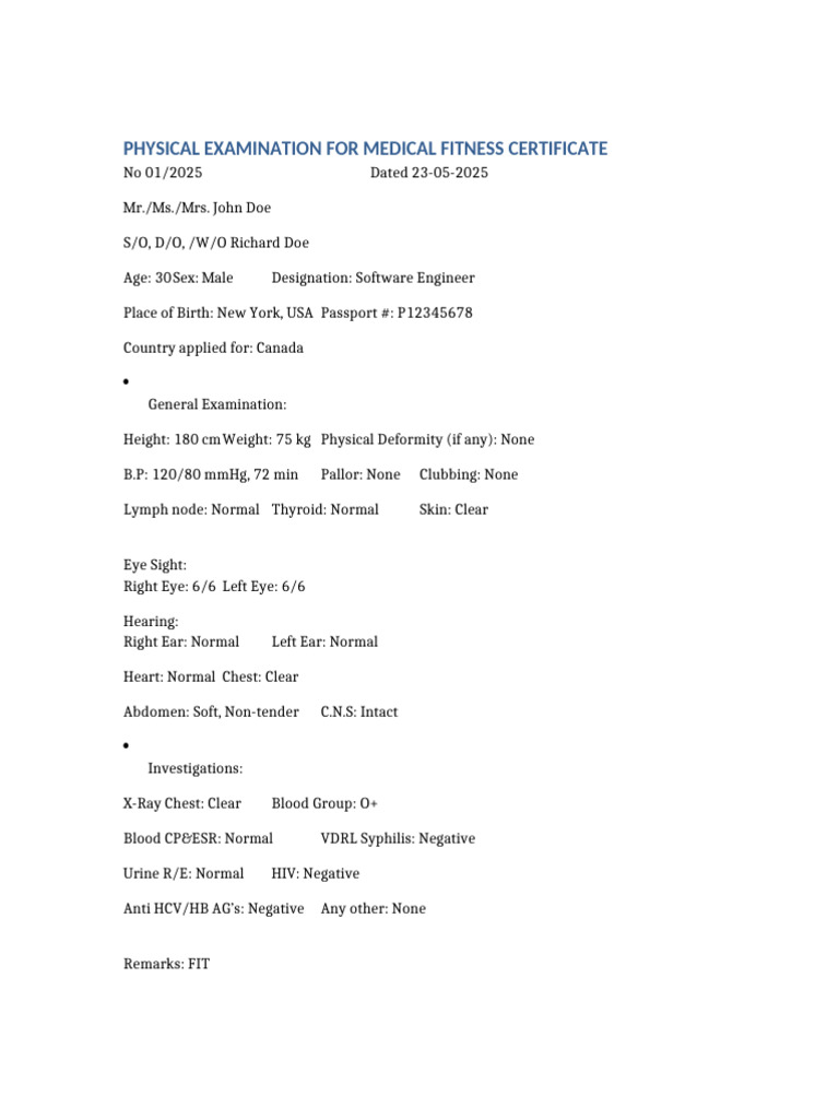Medical Fitness Certificate Sample | PDF