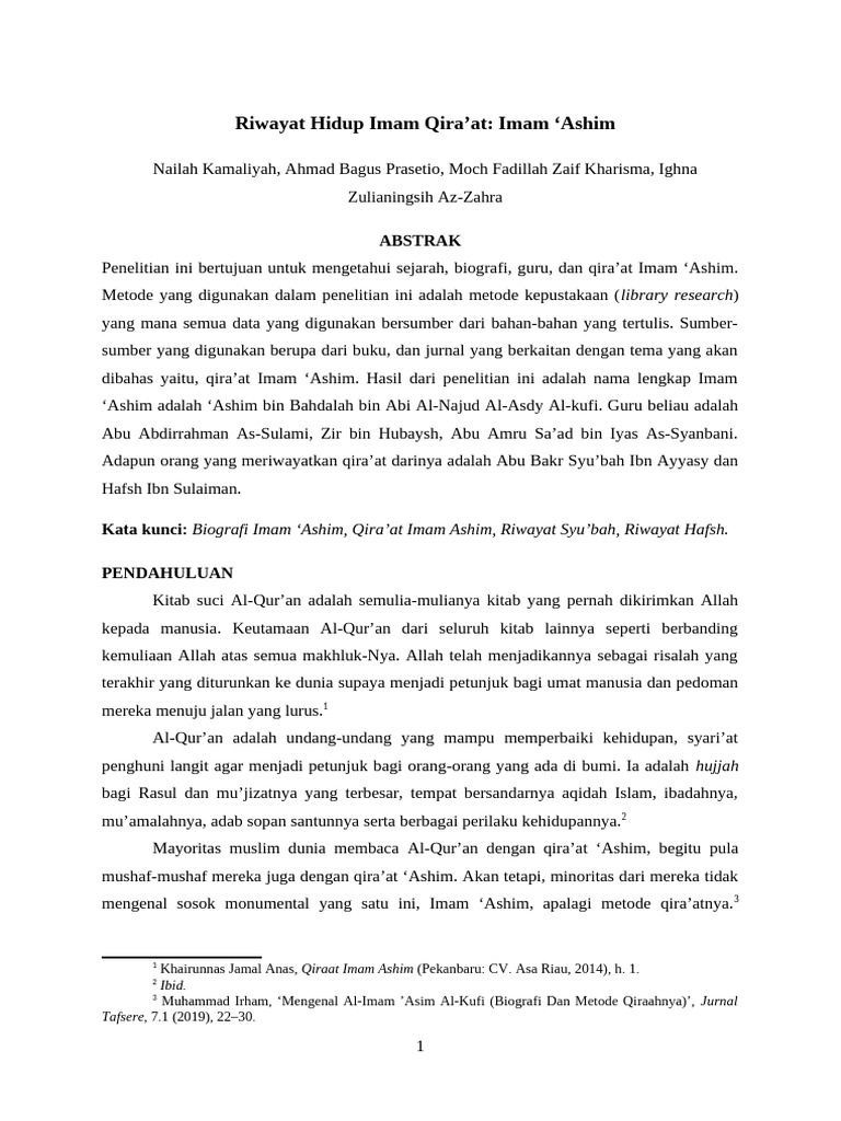 Riwayat Hidup Imam Qira'at Imam Ashim | PDF