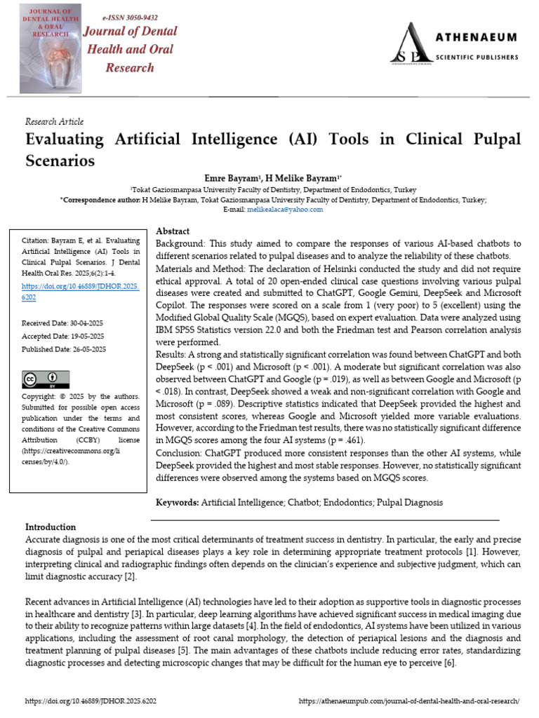 Evaluating Artificial Intelligence AI Tools in Clinical Pulpal Scenarios | PDF | Artificial ...