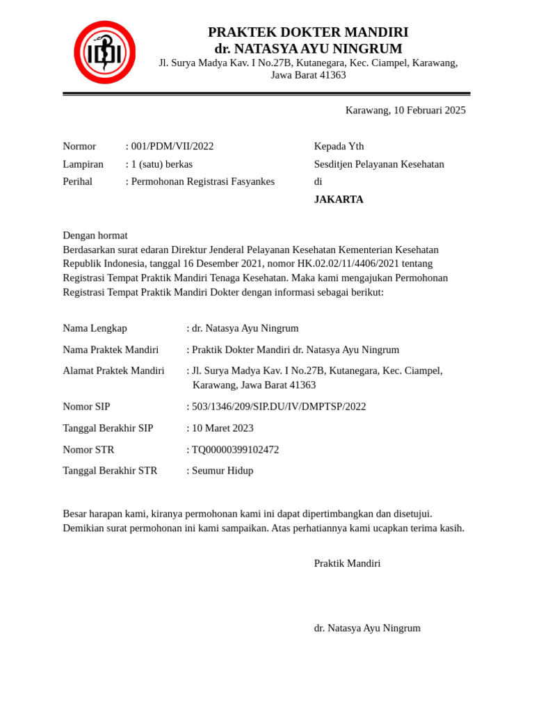 Surat Permohonan Registrasi Fasyankes | PDF