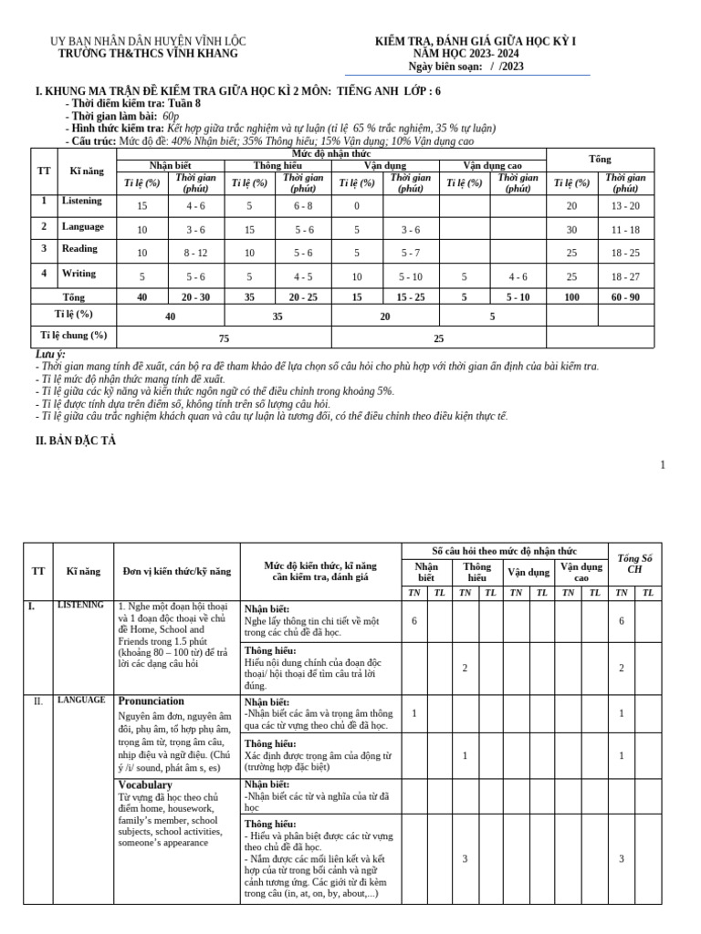 Mẫu Đề Gki Anh 6 2023-2024 | PDF