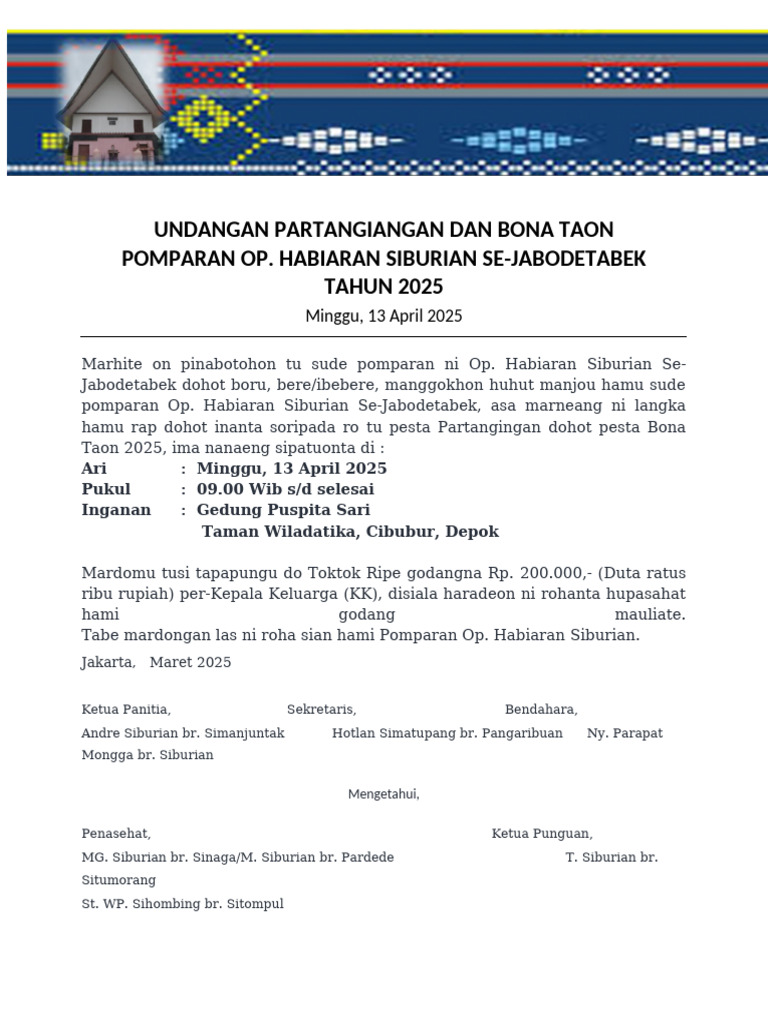 UNDANGAN BONA TAON POMPARAN OP. HABIARAN SIBURIAN SEJABODETABEK | PDF