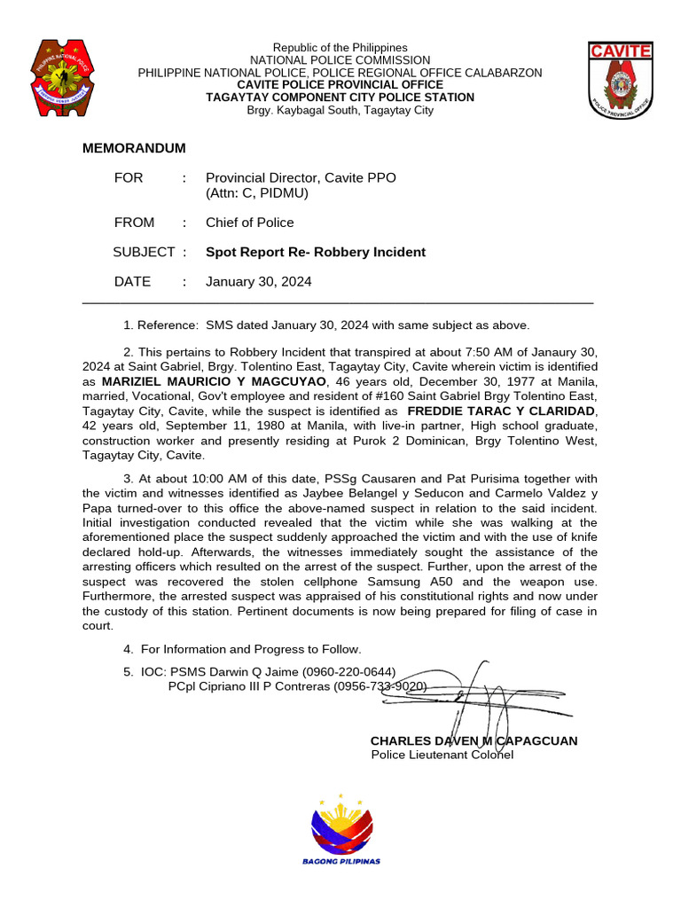 Spot Report Re Robbery Incident | PDF | Criminal Justice | Crime & Violence