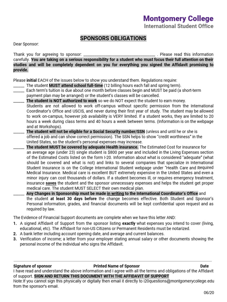 Sponsors Obligations Form 2025 | PDF