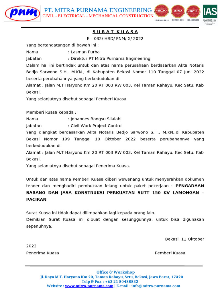 NOMOR 032 PT. MPE SK IX 2022 - Surat Kuasa Tender PLN | PDF