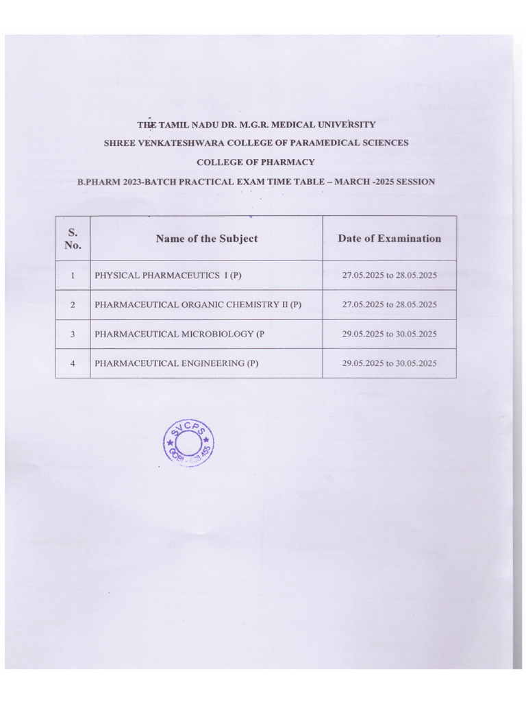 B.PHARM - 2023 Batch III RD Sem Practical Time Table | PDF