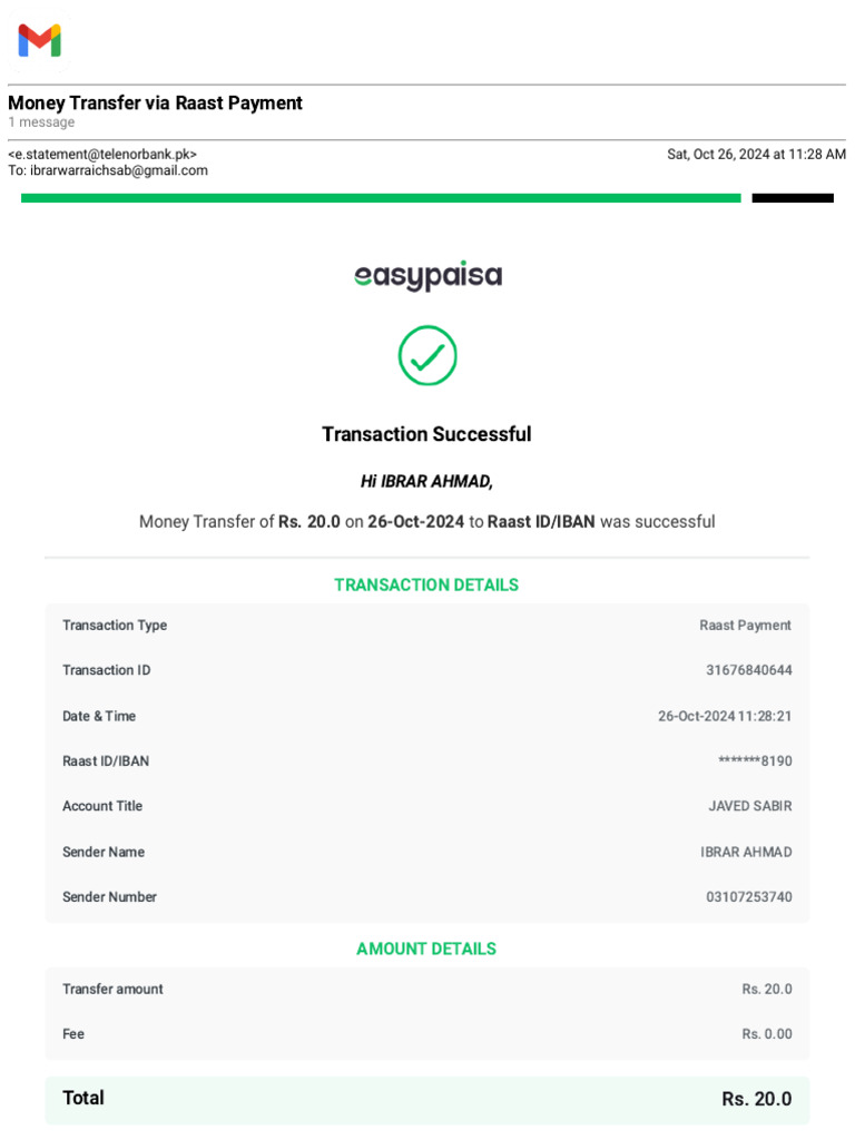 Gmail - Money Transfer Via Raast Payment | PDF