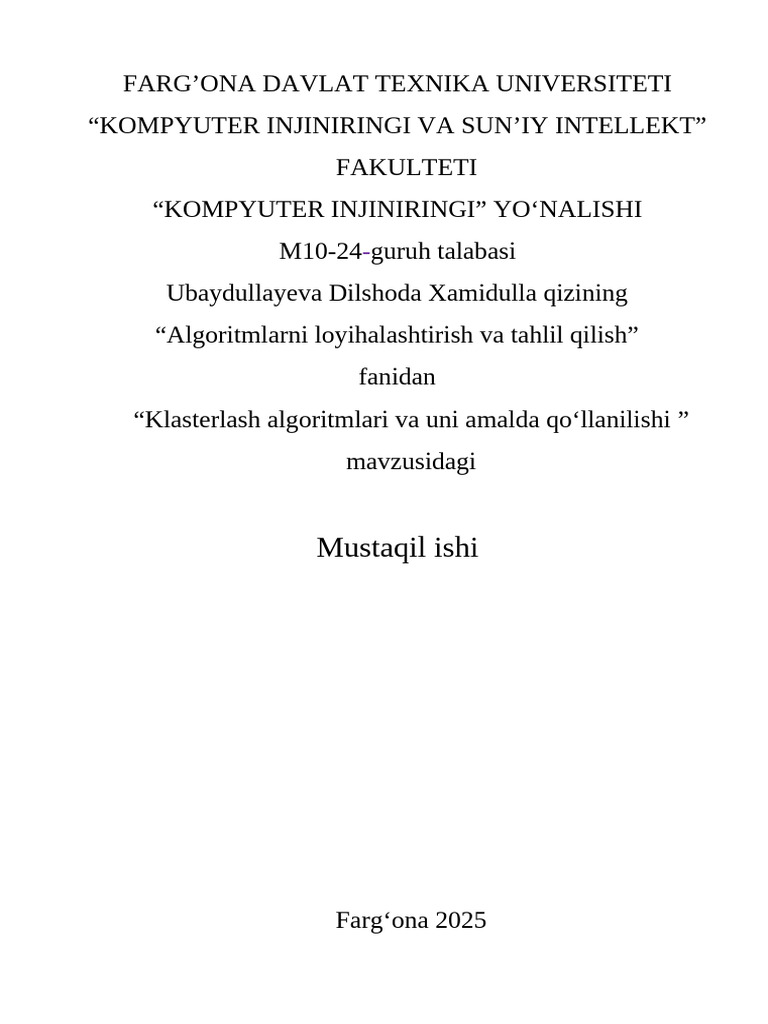 Algoritmlarni Loyihalash Va Tahlil Qilish. Mustaqil Ish | PDF