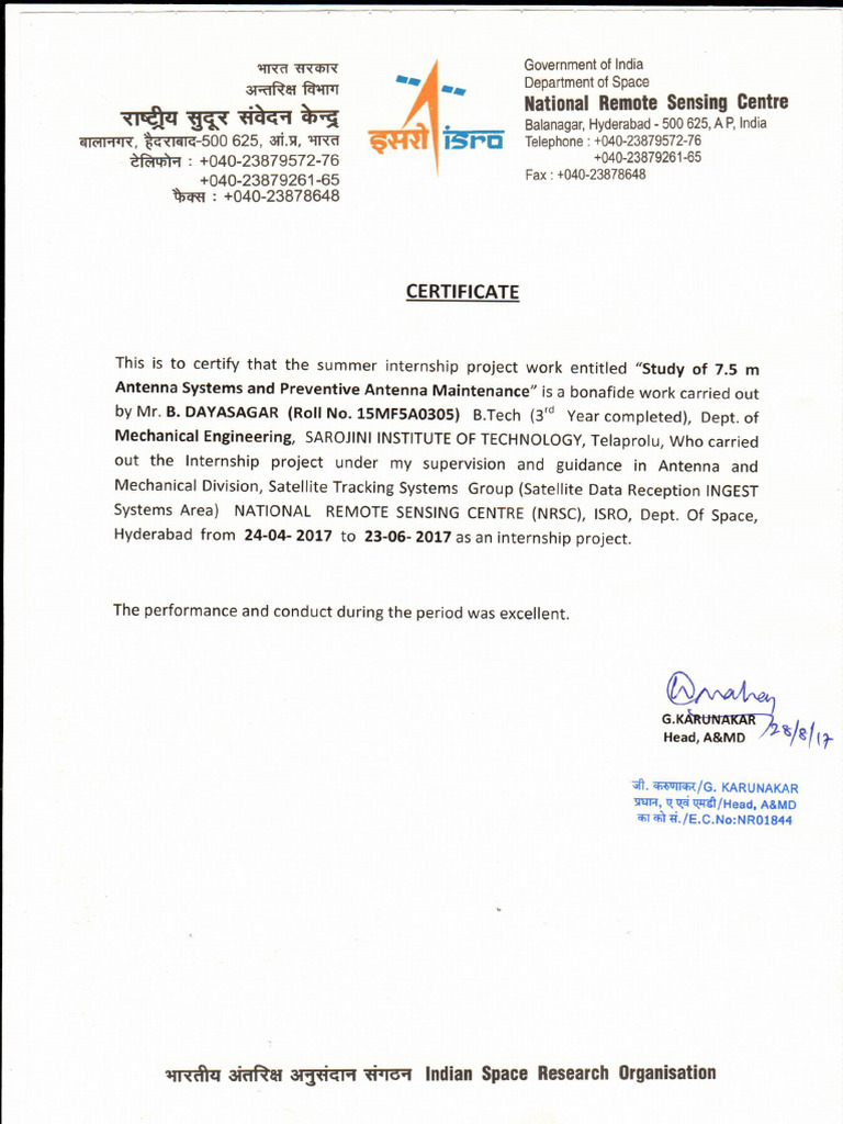 NRSC Isro Project Certificate | PDF