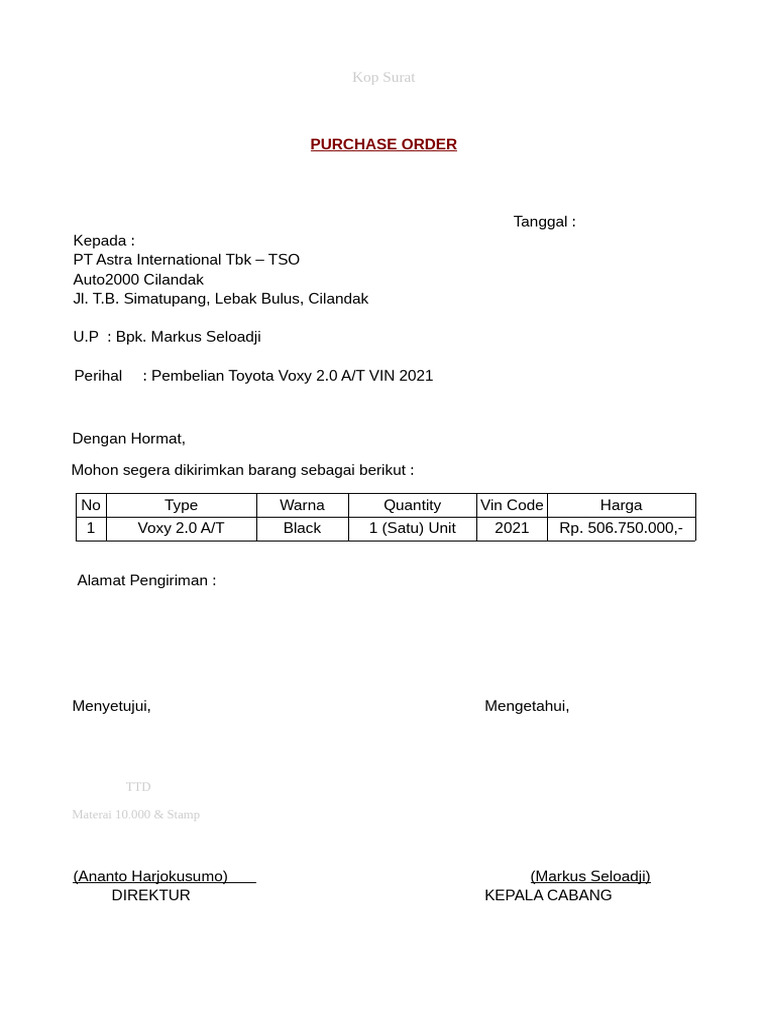 Contoh Surat Purchase Order Mobil | PDF