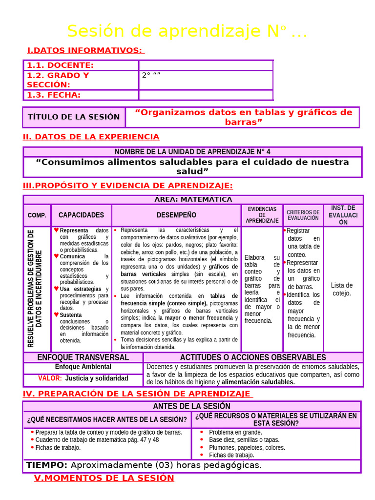 SESIÓN ORGANIZAMOS DATOS EN TABLAS Y GRÁFICO DE BARRAS MAESTRA JANET 2 GRADO | PDF | Aprendizaje