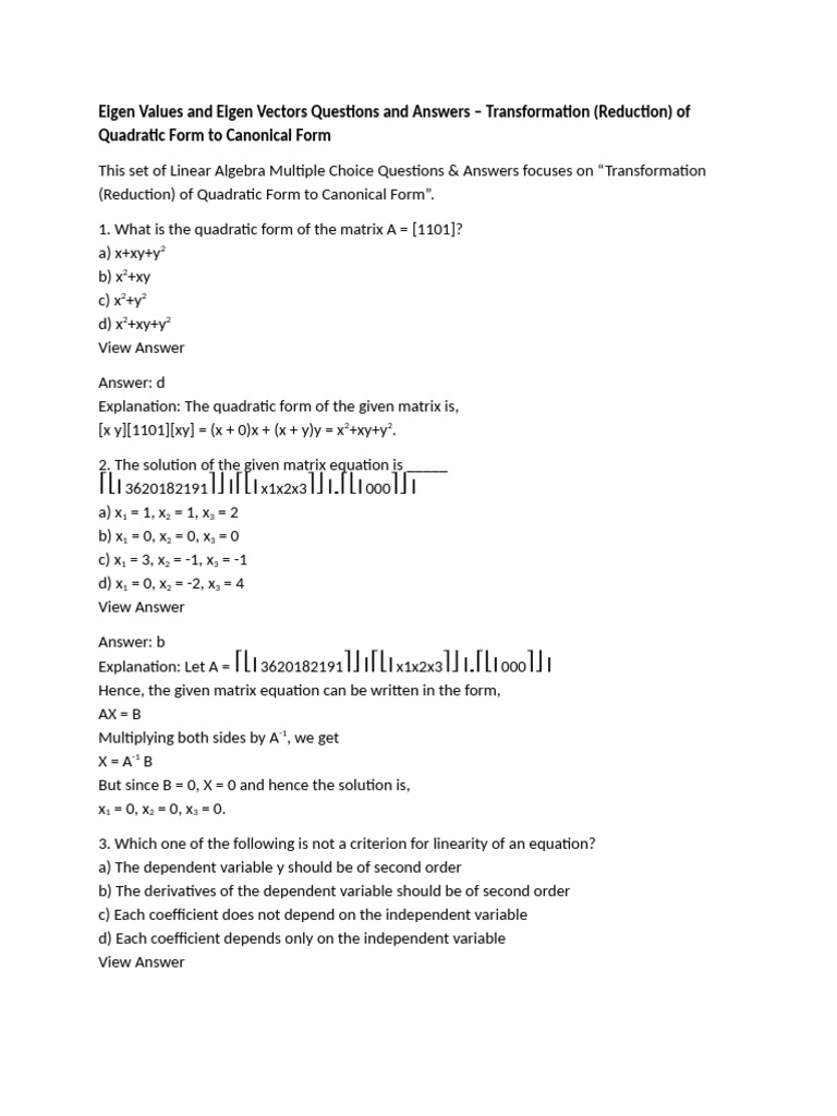 Eigen Values and Eigen Vectors Questions and Answers | PDF | Matrix (Mathematics) | Eigenvalues ...