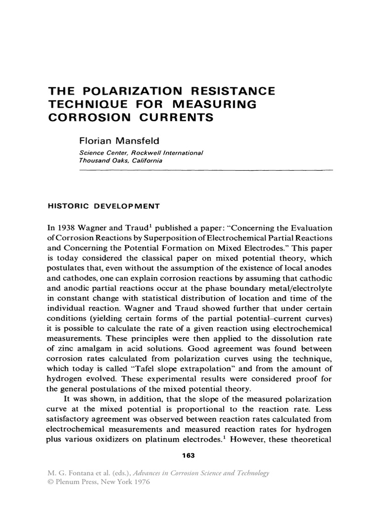The Polarization Resistance Technioue For Measuring Corrosion Currents ...