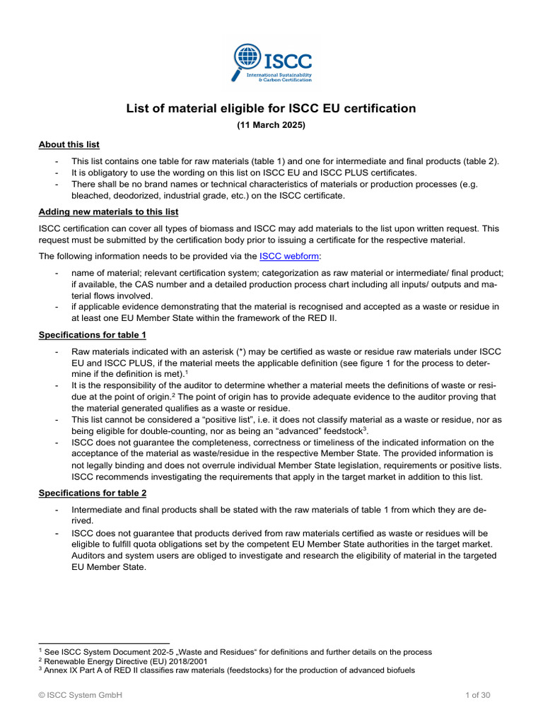 ISCC EU Material List Des Materiels Eligibles | PDF | Waste | Sugar Beet