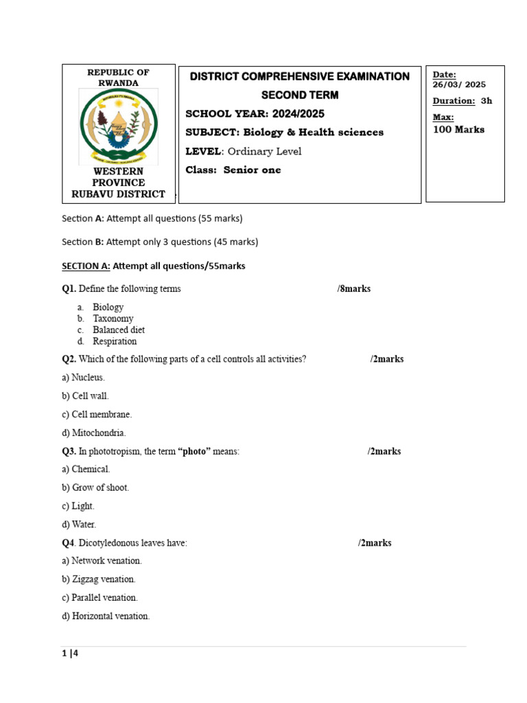 Biology Second Term S1 2025 | PDF | Cell (Biology) | Respiratory System