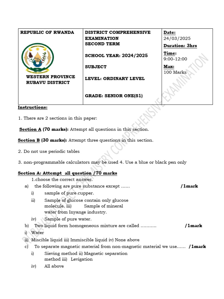 S1 Chemistry Exam Paper 2024/2025 | PDF | Chemical Elements | Atoms