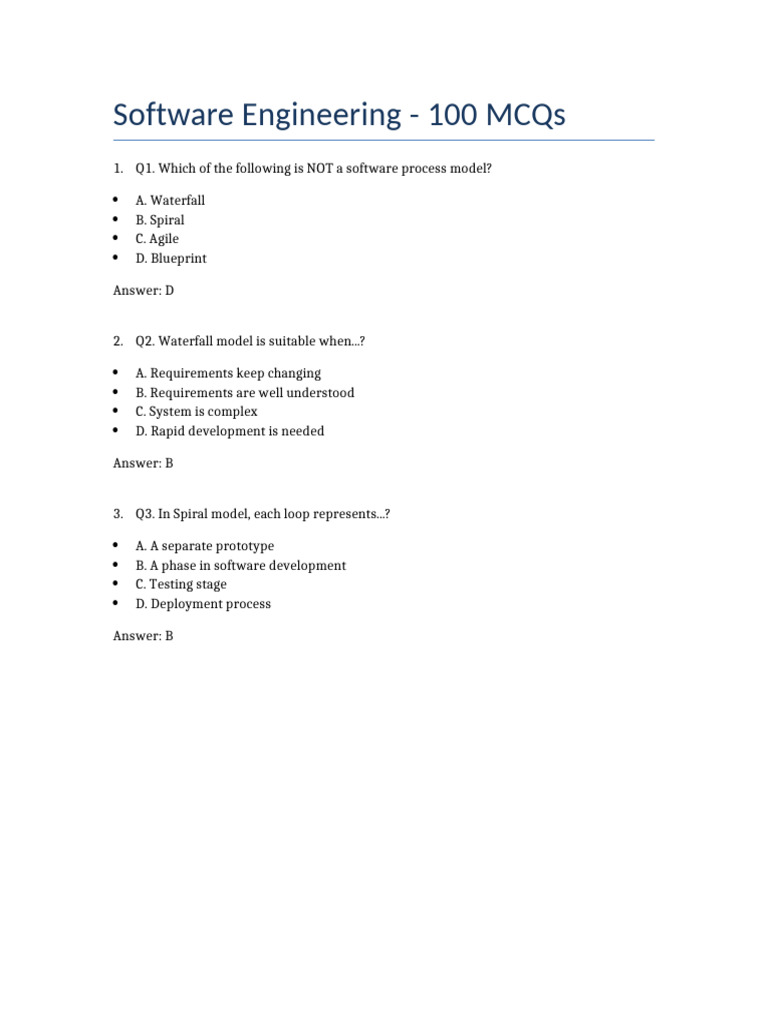Software Engineering 100 MCQs | PDF