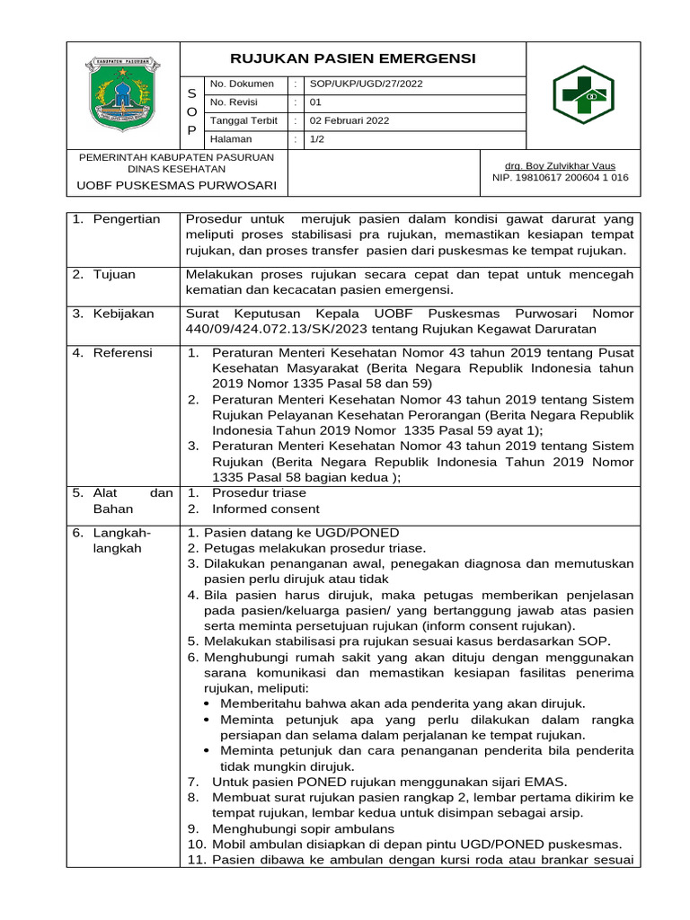 3.7.1 Ep 1 Sop Rujukan Emergensi Pasien | PDF