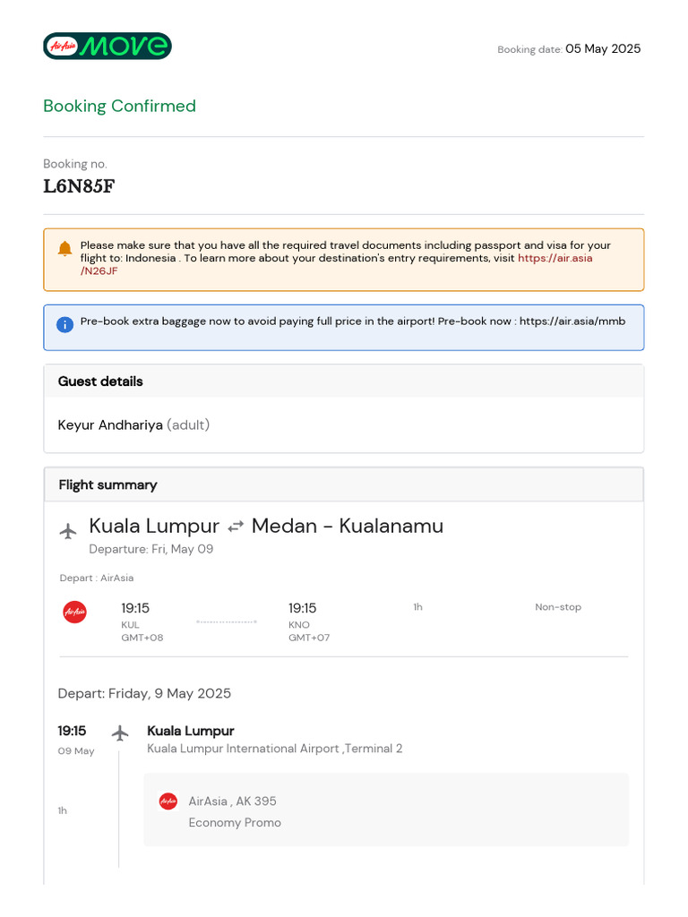 Itinerary KUL KNO 09-05-2025 233027342811 | PDF