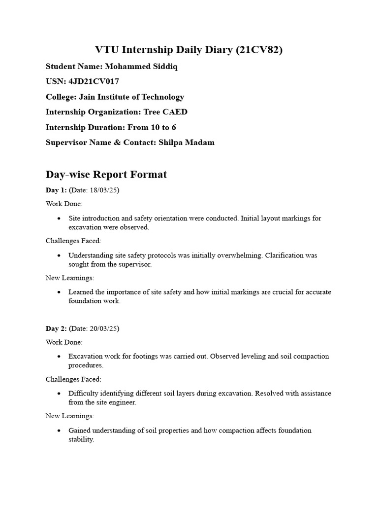 VTU Internship Daily Diary | PDF | Concrete
